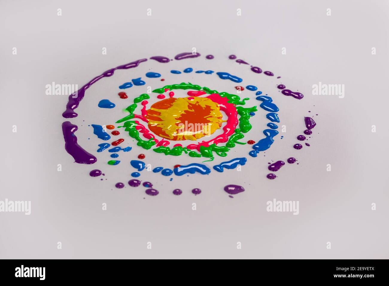 Colors drop onto a spinning white background. The color of the drops is ...