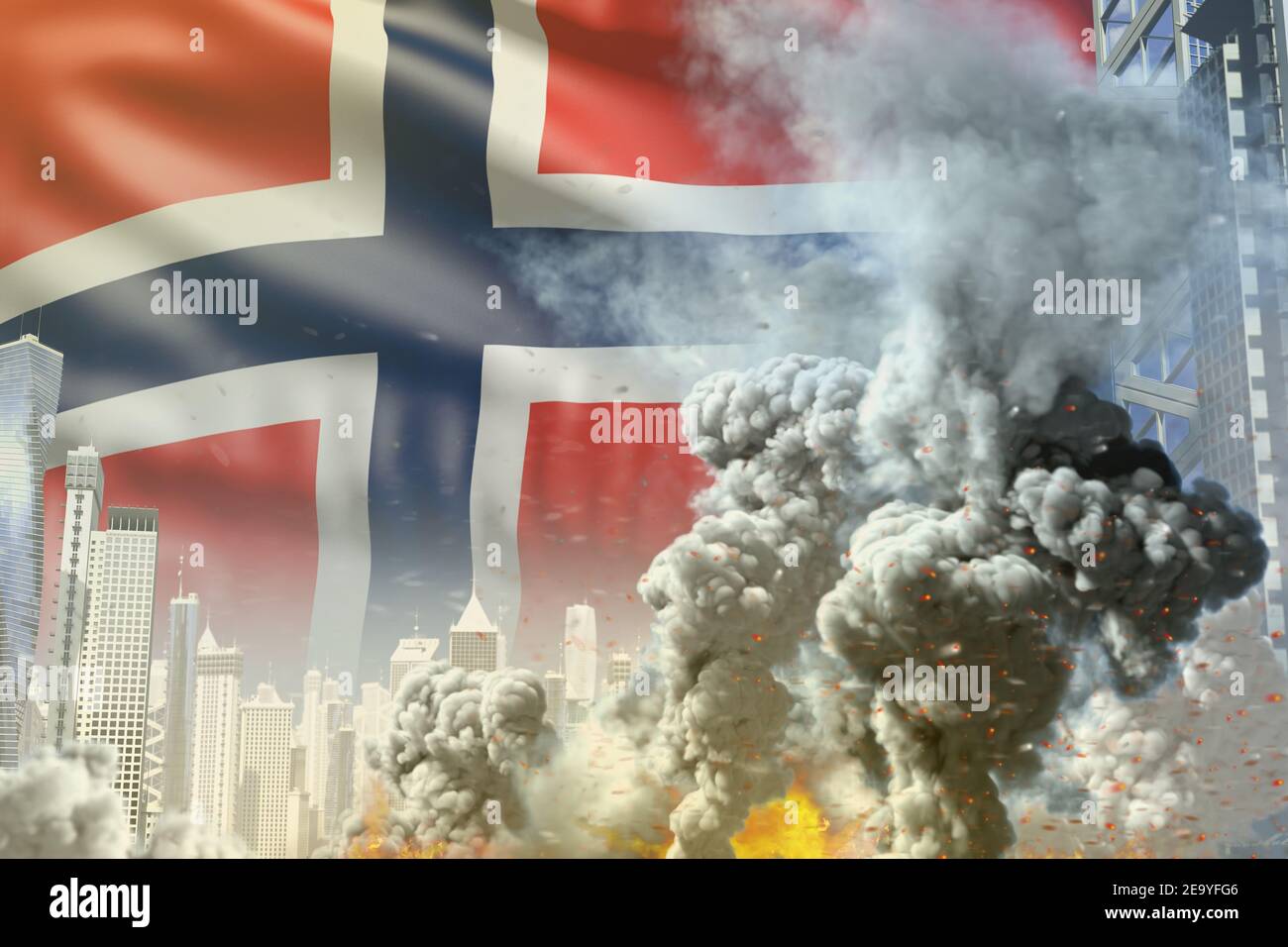 huge smoke pillar with fire in abstract city - concept of industrial ...