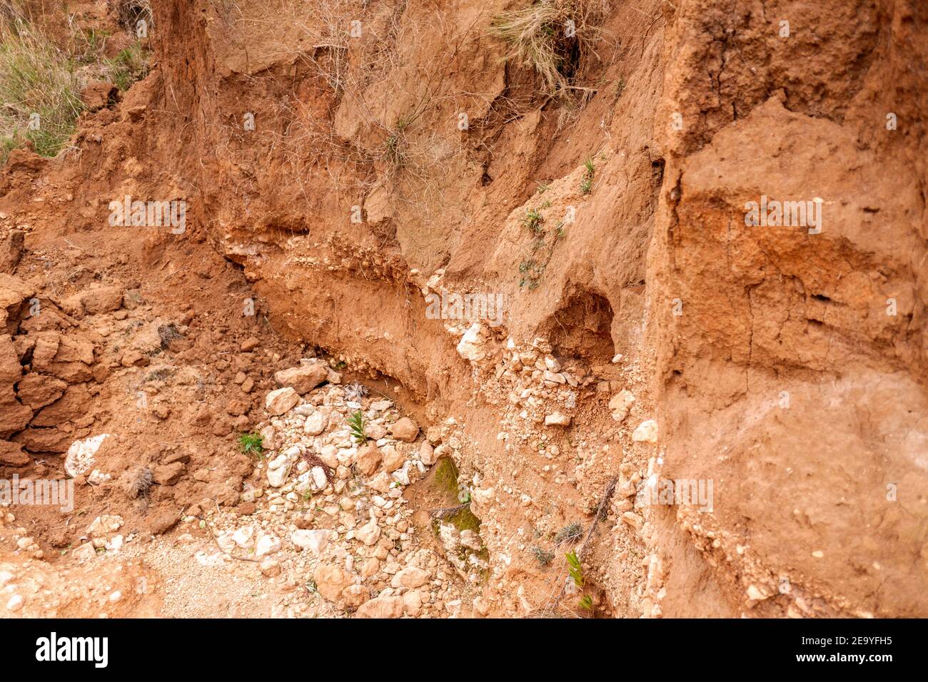 Frontal detail of different strata and layers of rock and earth on a ...