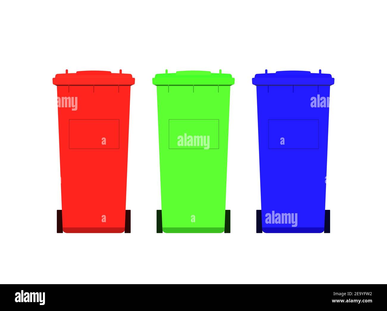 A set of plastic waste containers for separate waste collection. Flat ...