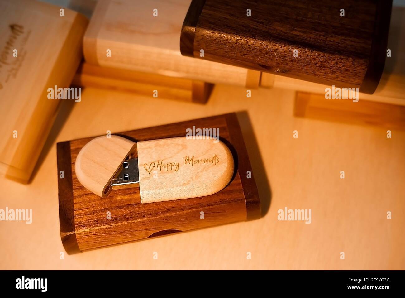 USB flash drive wood in a box. with laser engraving "happy moments ...