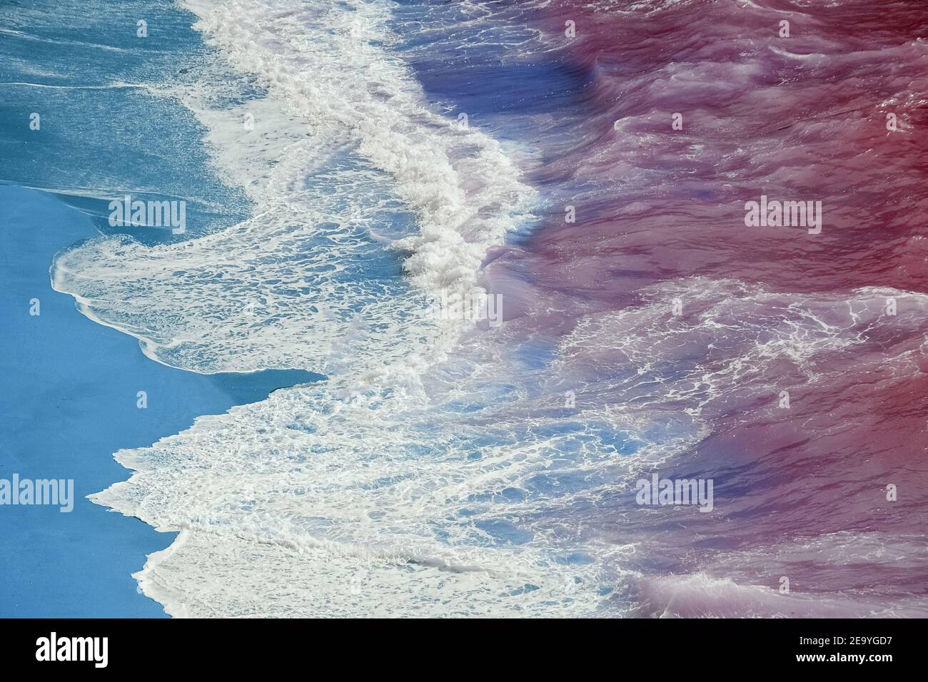 Raging ocean, azure coast with a golden sandy beach. Top view, drone ...