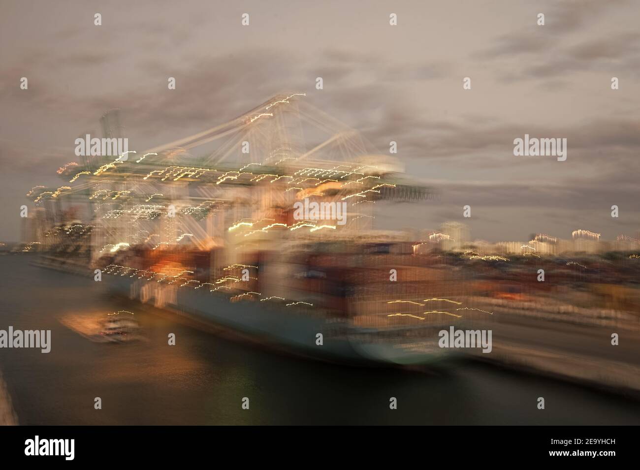 Marine navigation lighting. Defocused image of ship. Cargo ship in port ...