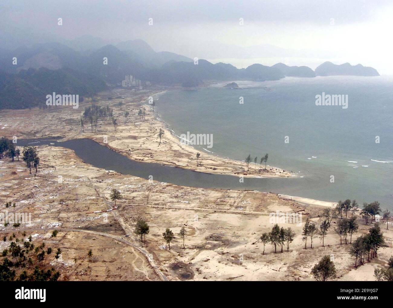An aerial view of the Tsunami- stricken coastal region near Aceh ...