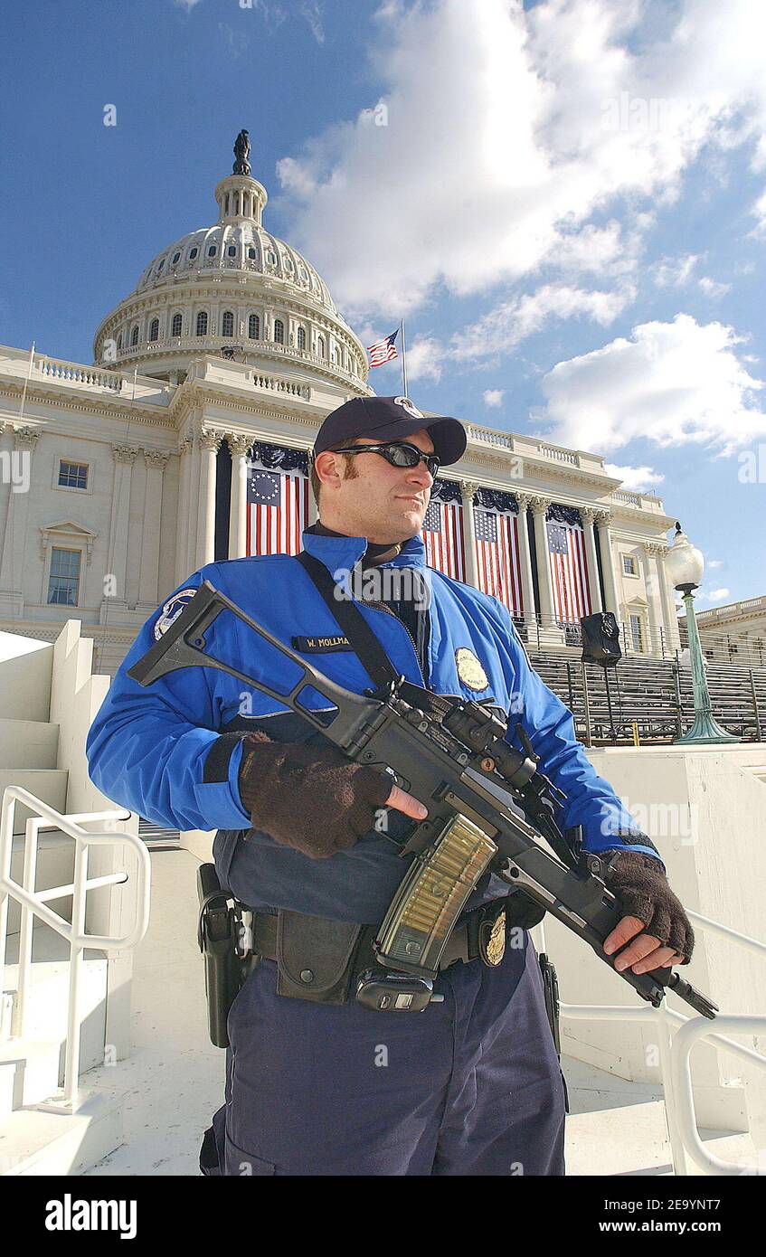 A police officer watches the stage of the inauguration.The security ...