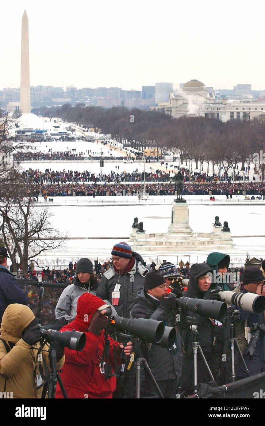General views of the crowd and the press during Inauguration ceremonies ...