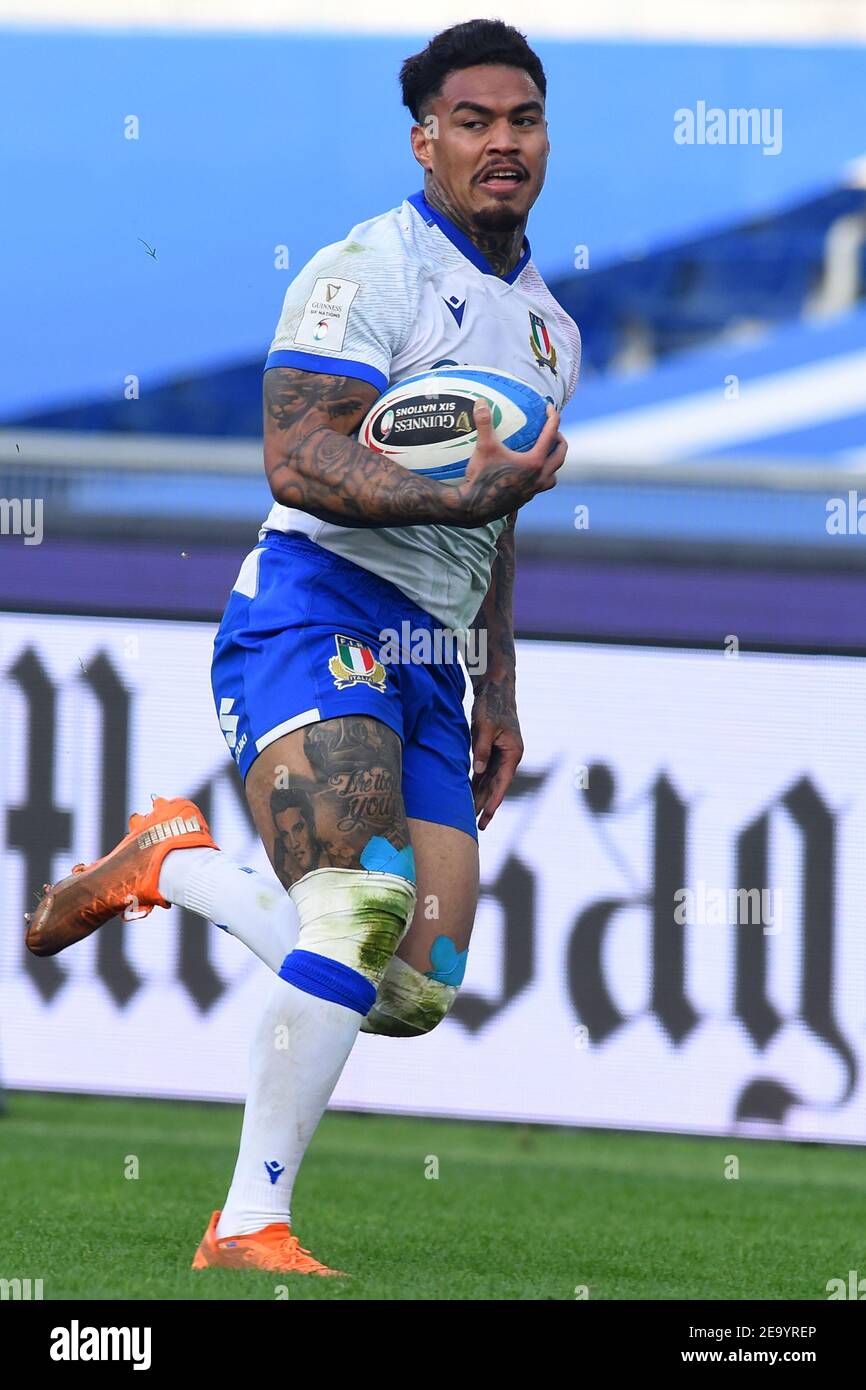 Monty Ioane of, Italy. , . Italy v France, Rugby, Six nation (Photo by ...