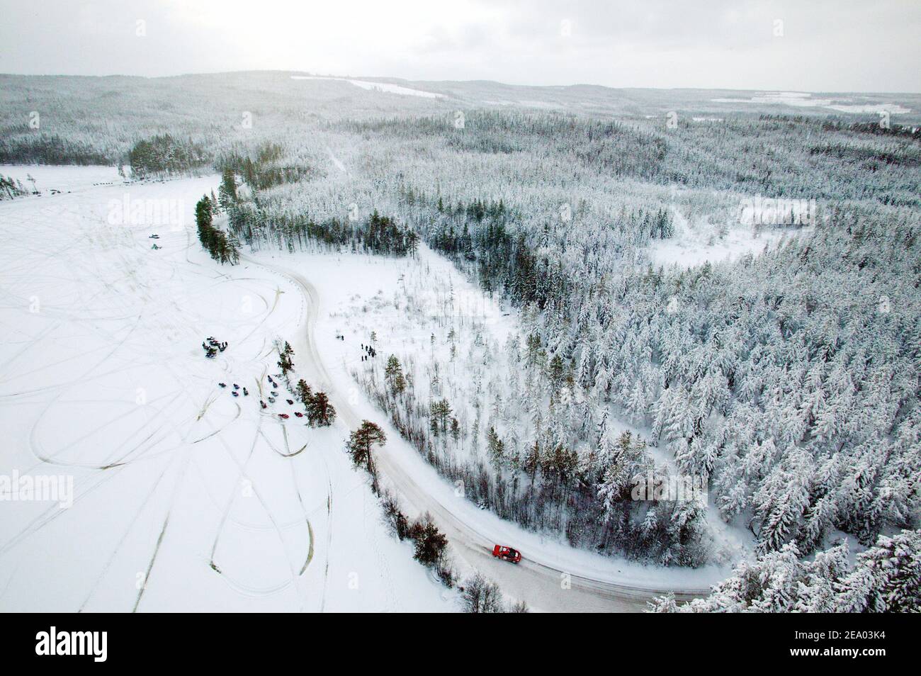 Aerial view of Finnish's Marcus Gronholm in his Peugeot 307 WRC, seen ...