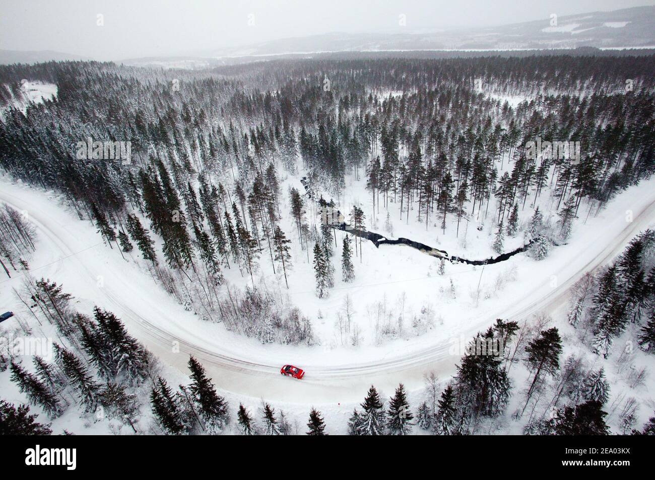 Aerial view of Finnish's Marcus Gronholm in his Peugeot 307 WRC, seen ...