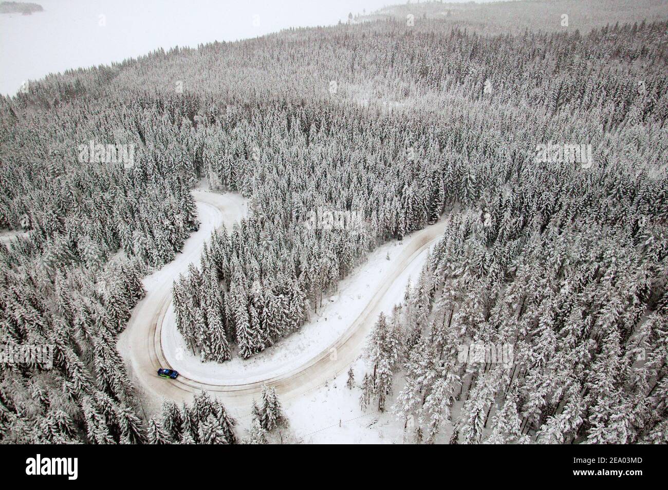 Aerial view of Norway's Peter Solberg in his Subaru Impreza WRC, seen ...
