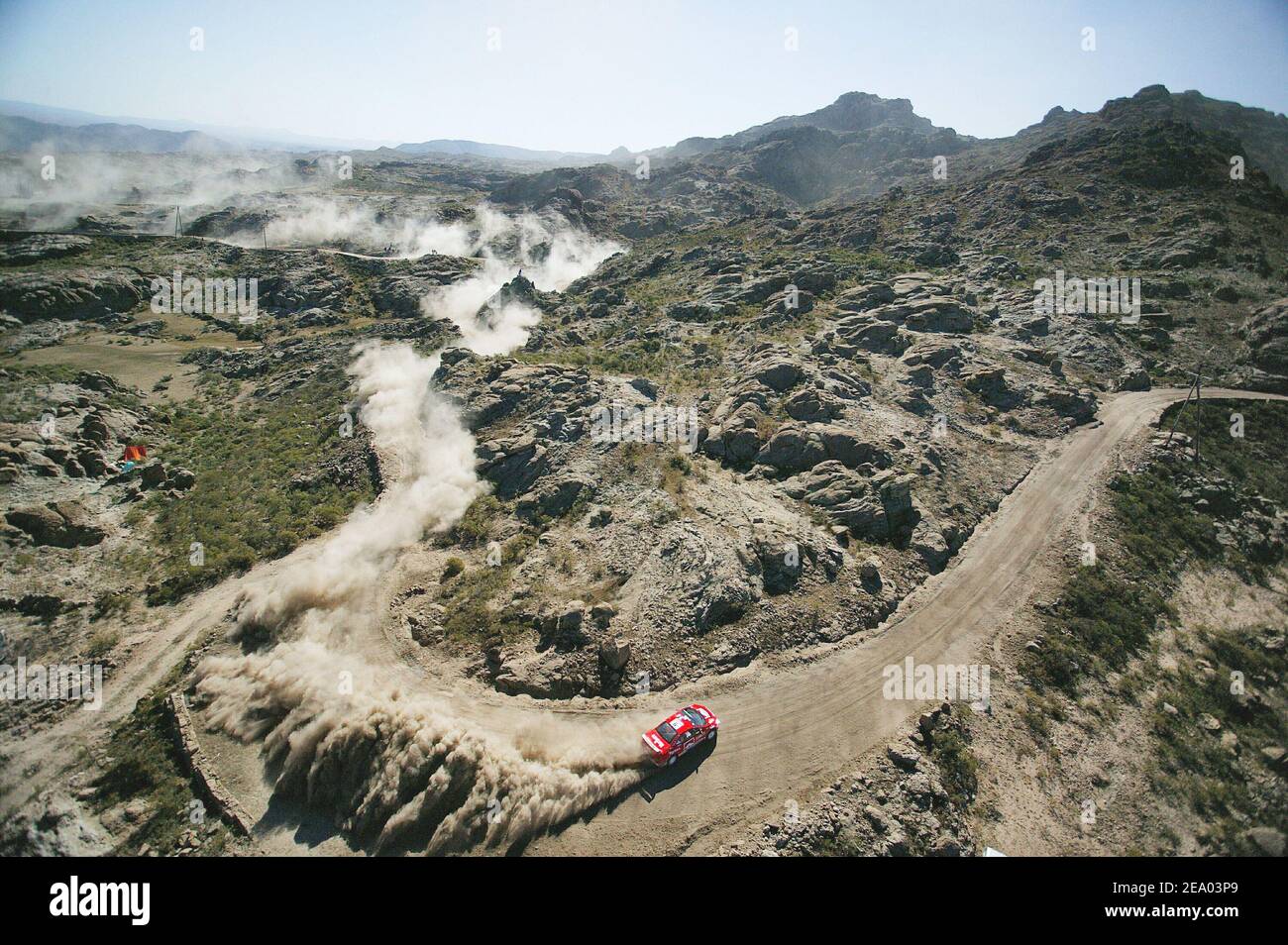 Aerial view of Finnish's Harri Rovanpera in his Peugeot 307 WRC, seen ...