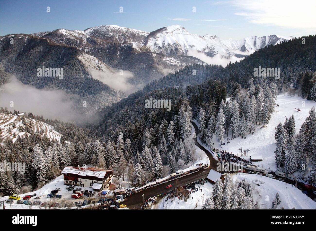 Aerial view of Finnish's Marcus Gronholm in his Peugeot 307 WRC, seen ...