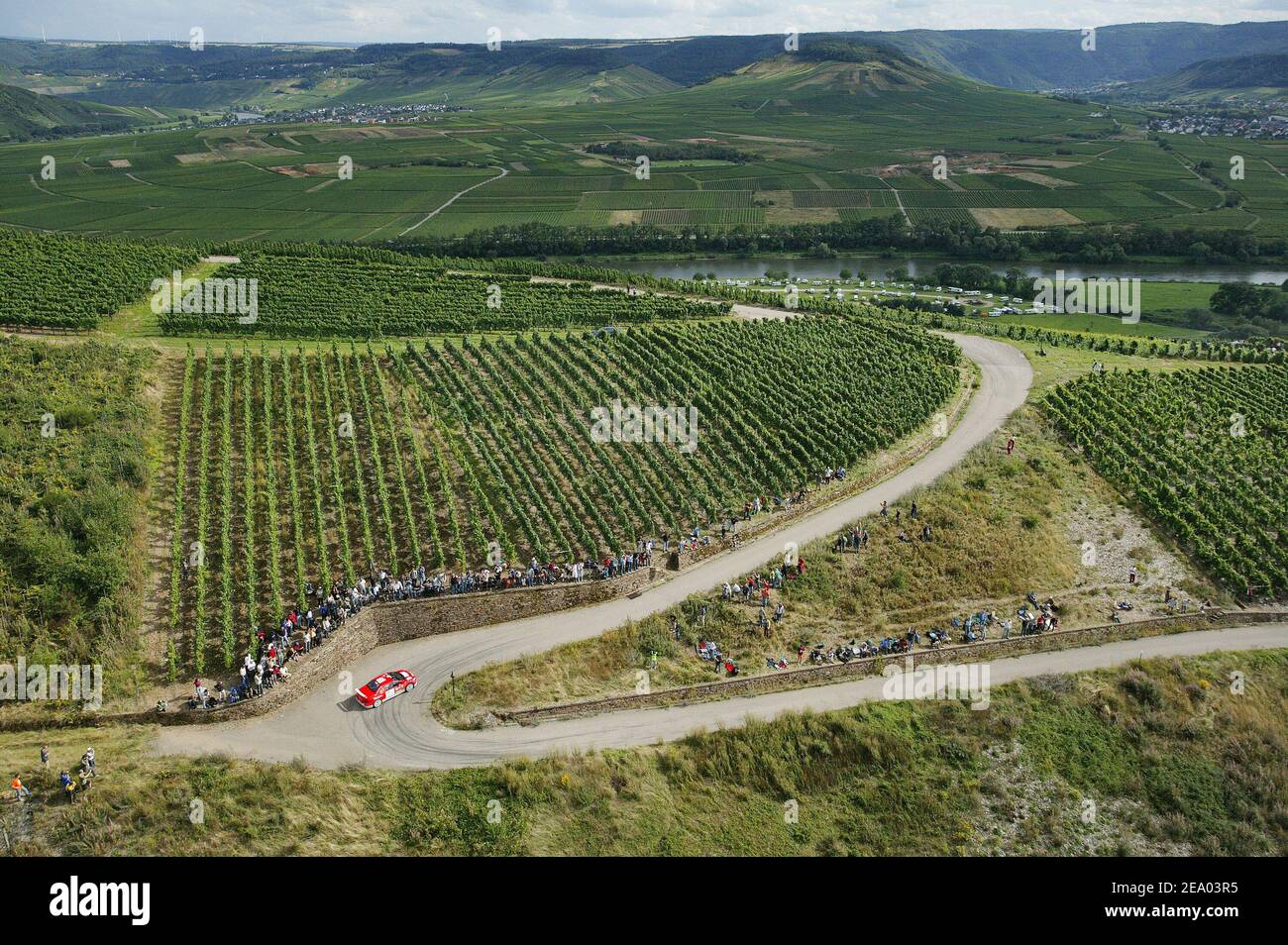 Aerial view of Belgian's Freddy Loix in his Peugeot 307 WRC, seen in ...