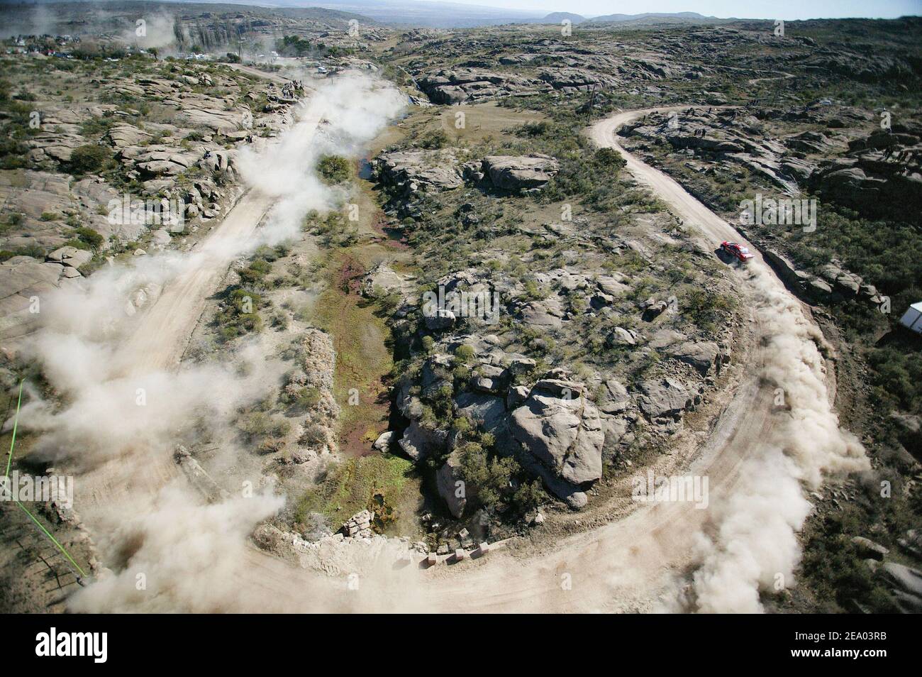 Aerial view of Finnish's Harri Rovanpera in his Peugeot 307 WRC, seen ...