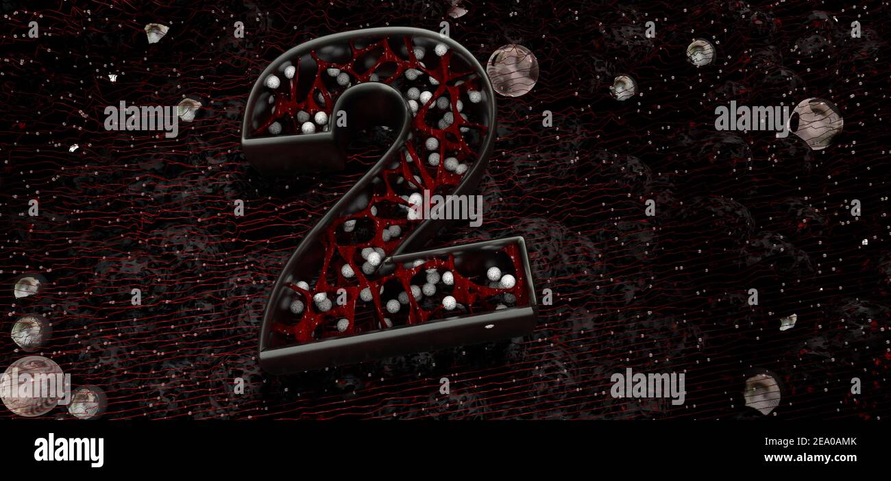 Number 2 in thick letters with organic red structure and white balls ...
