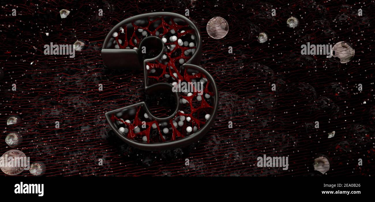 Number 3 in thick letters with organic red structure and white balls ...