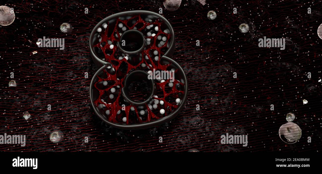 Number 8 in thick letters with organic red structure and white balls ...