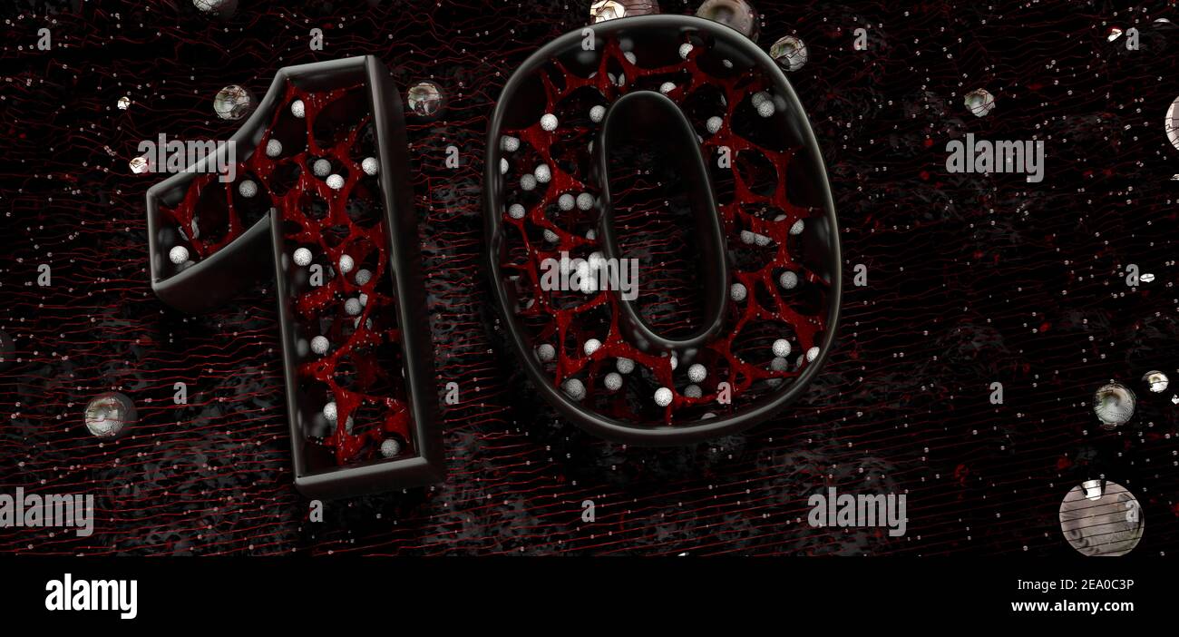 Number 10 in thick letters with organic red structure and white balls ...