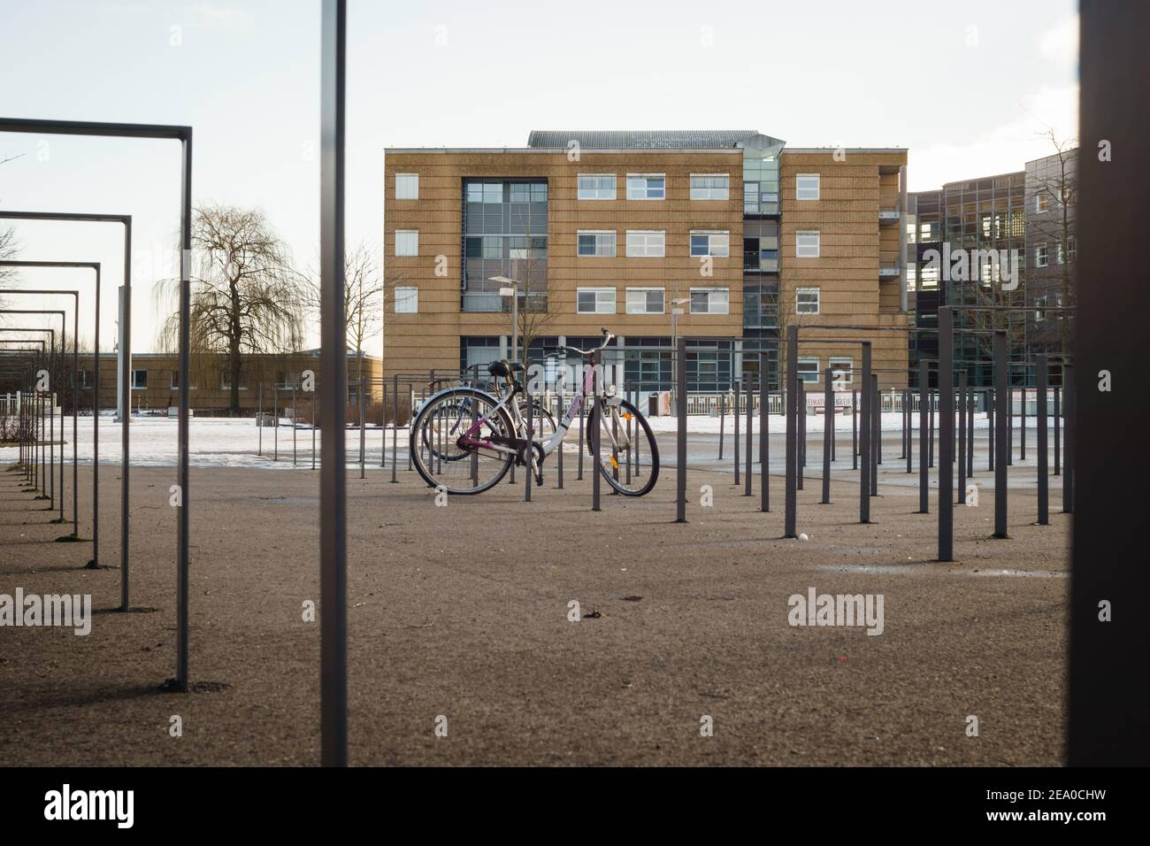 Bicycle rack in a public place with two bicycles Stock Photo - Alamy