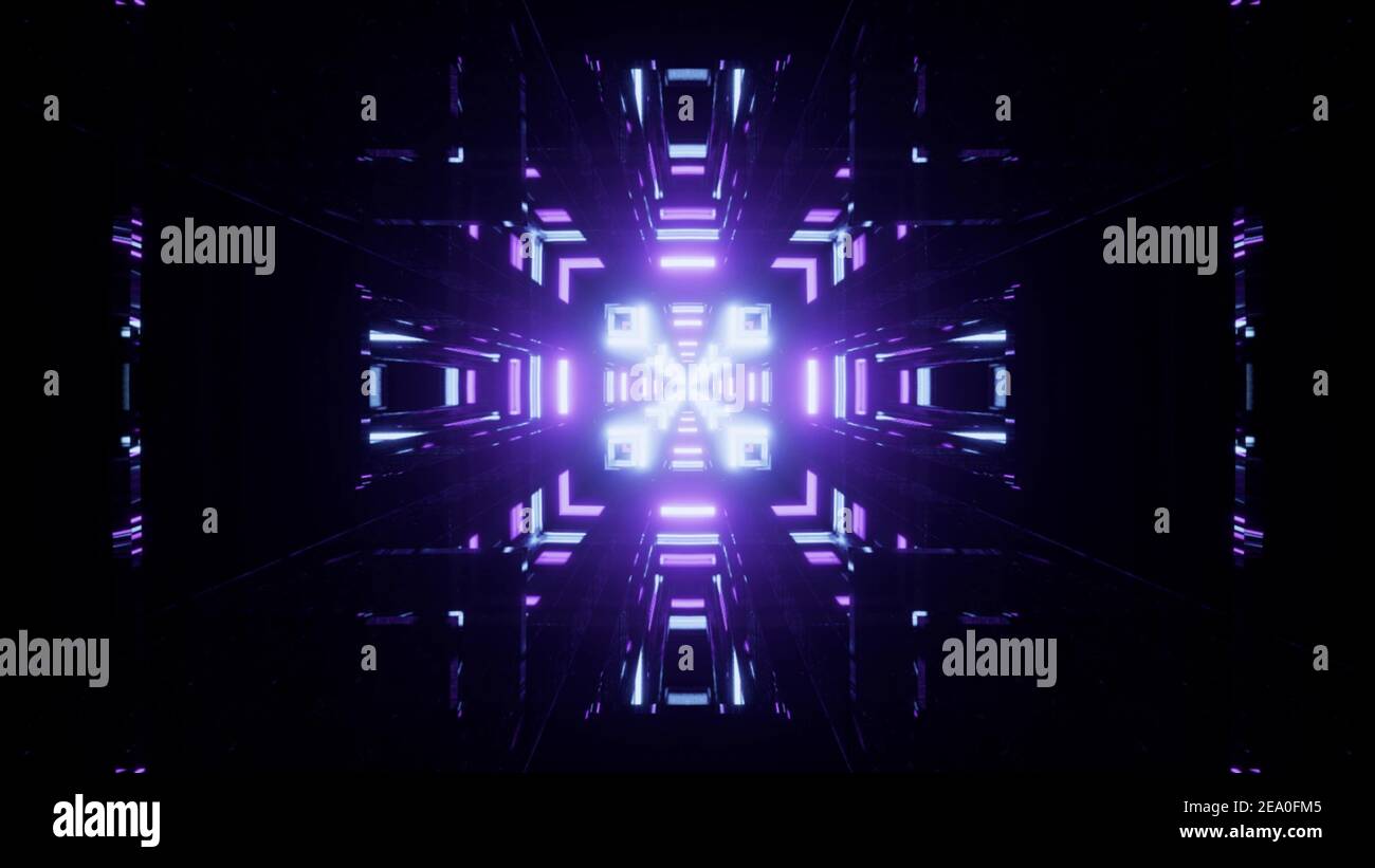 3D rendering of futuristic bright neon purple fractal cross shaped ...