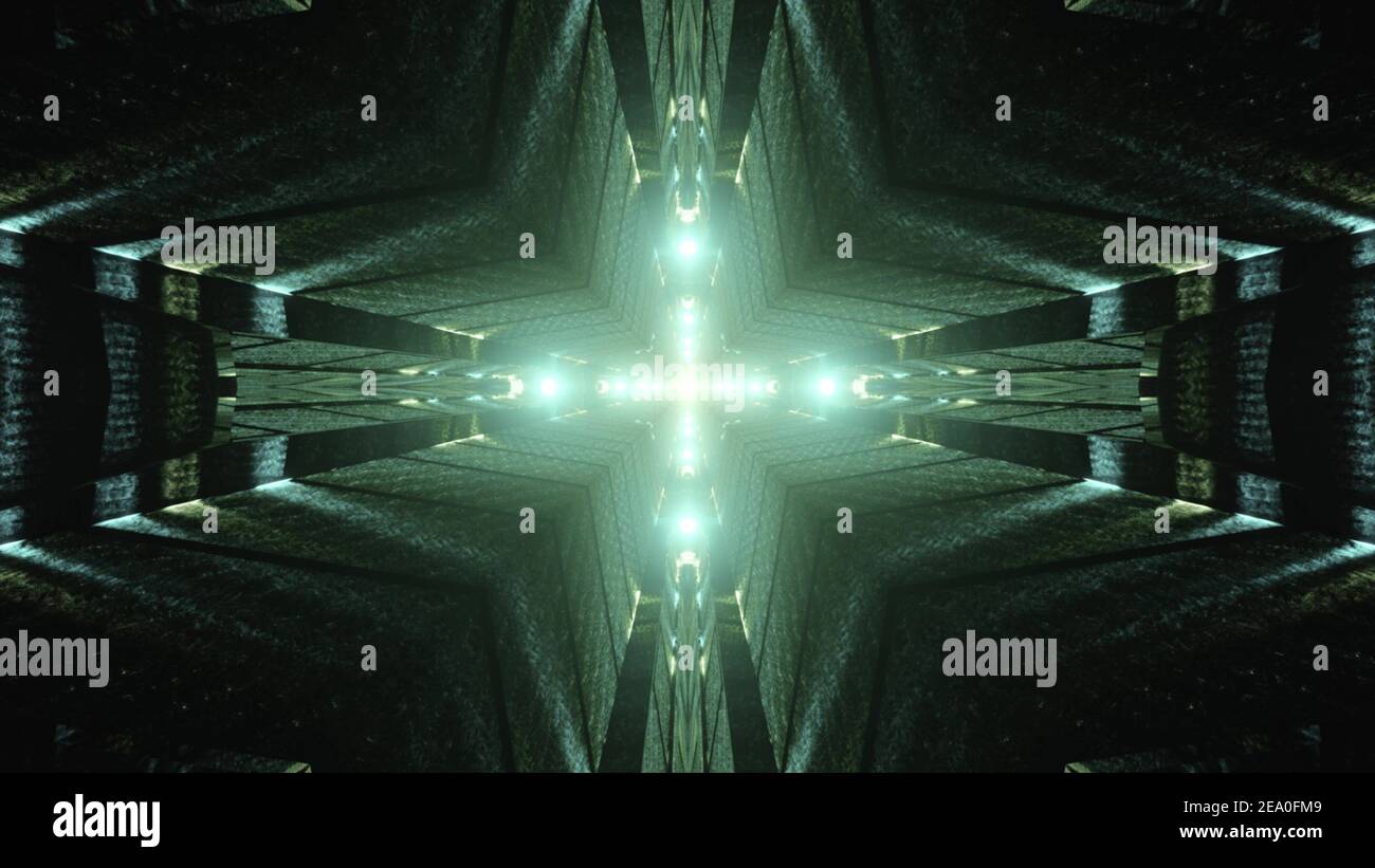 3D rendering of futuristic bright neon green fractal cross shaped ...