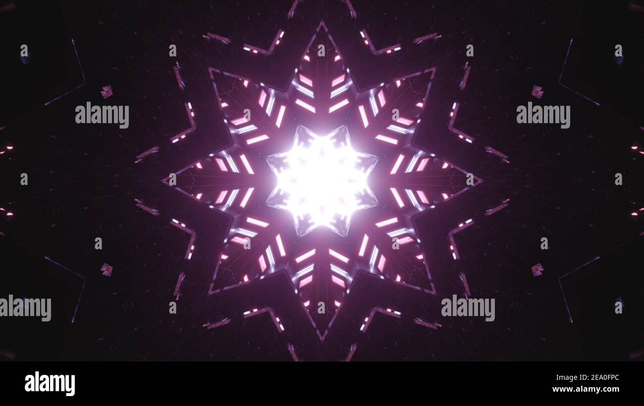 3D rendering of futuristic bright neon pink and purple fractal star ...