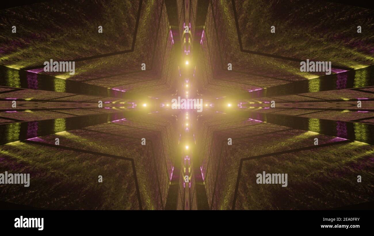 3D rendering of futuristic bright neon yellow cross shaped fractal ...
