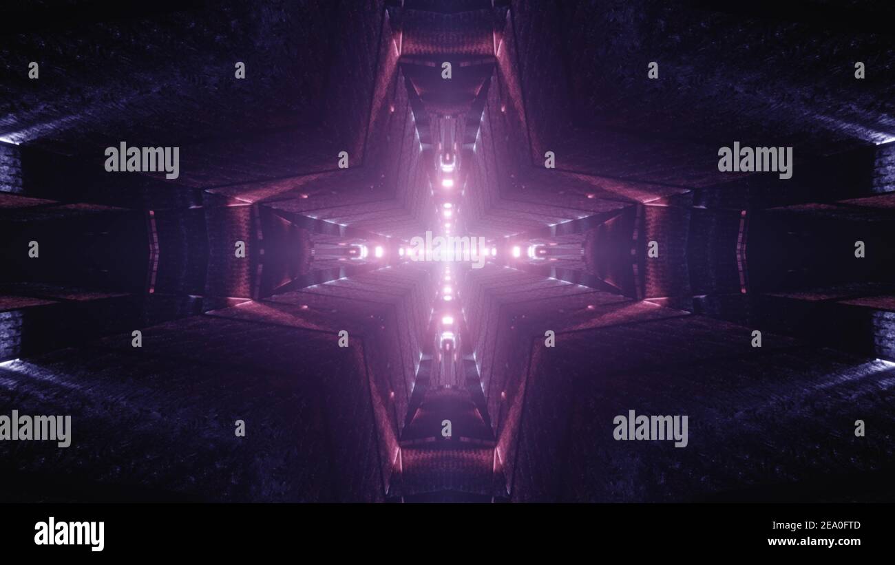 3D rendering of futuristic neon pink and purple fractal cross shaped ...