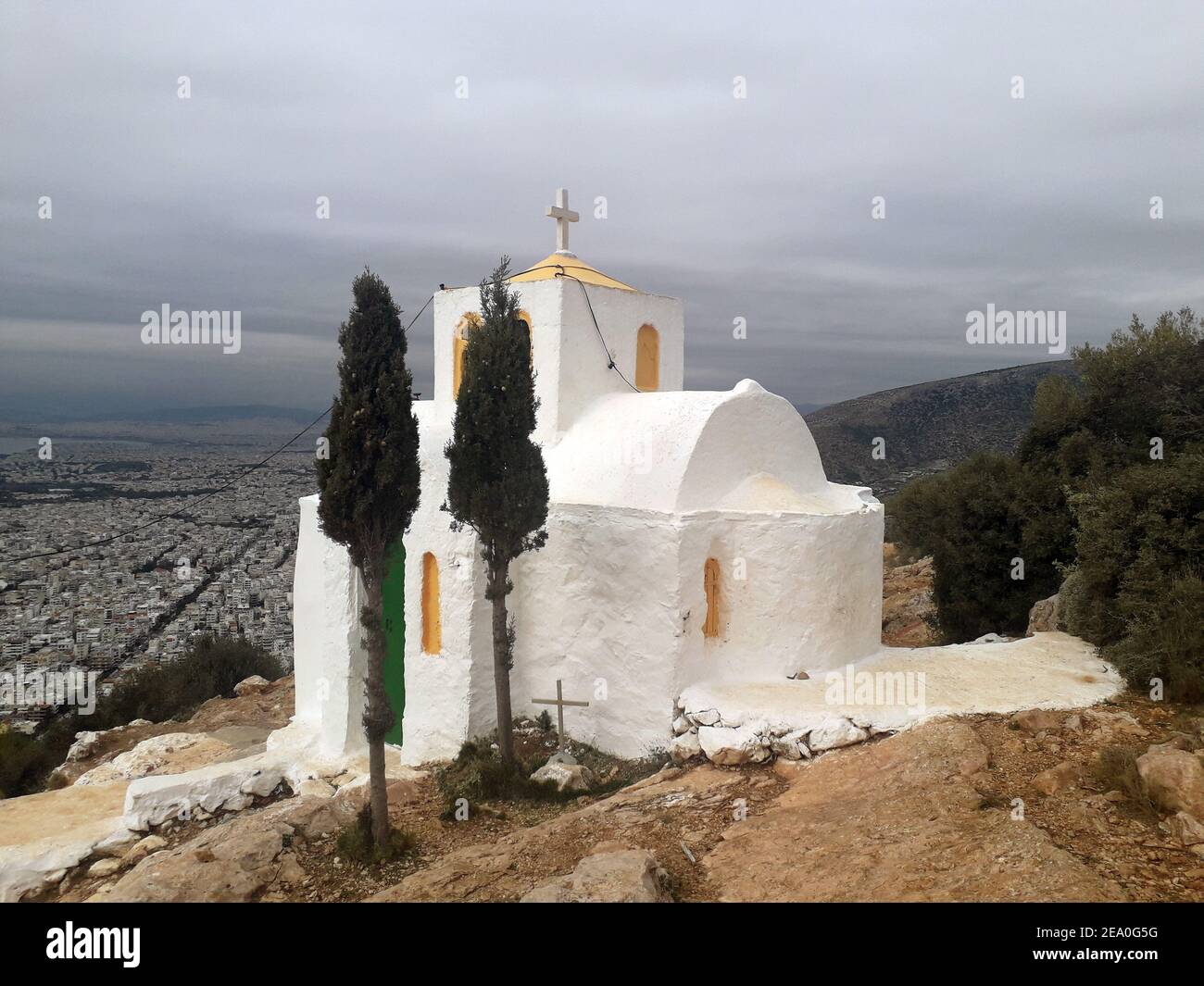Small white-washed Greek Orthodox chapel of Profitis Elias on Mt ...