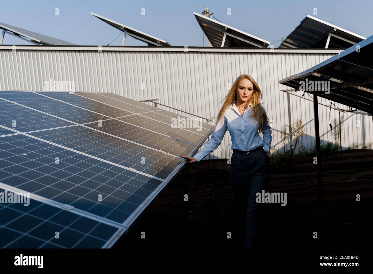 Girl walks between 2 Solar panels row on the ground at sunset. Woman ...