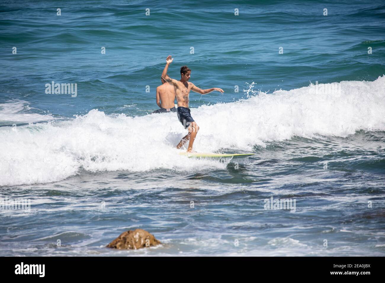 Man teenager surfing the waves at Avalon Beach in Sydney on a summers ...