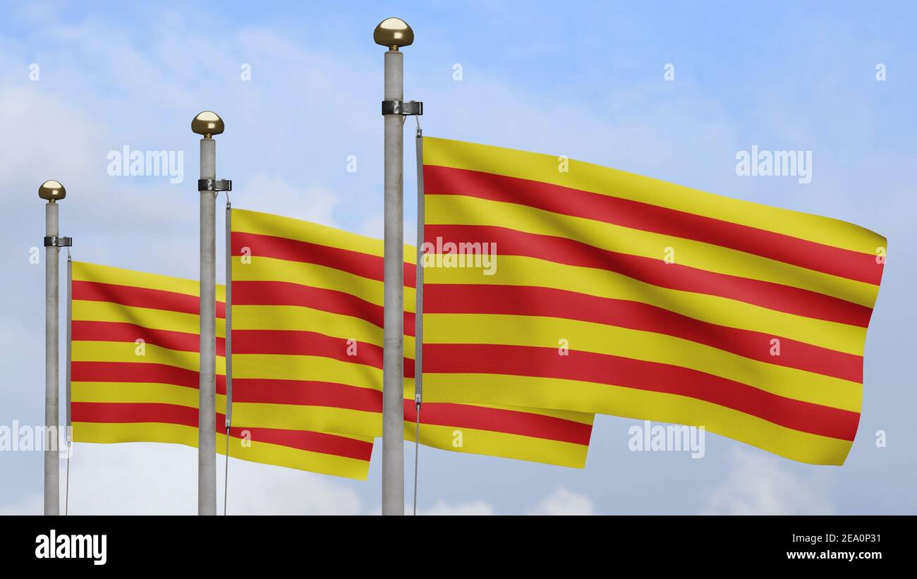 Catalonia flag waving in wind with blue sky. Close up of Catalan banner ...