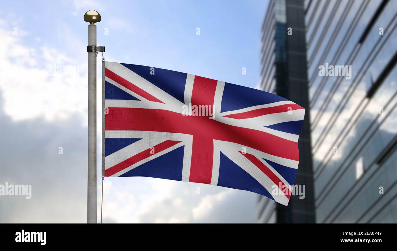 United Kingdom flag waving in wind with clouds at modern city. Britain ...