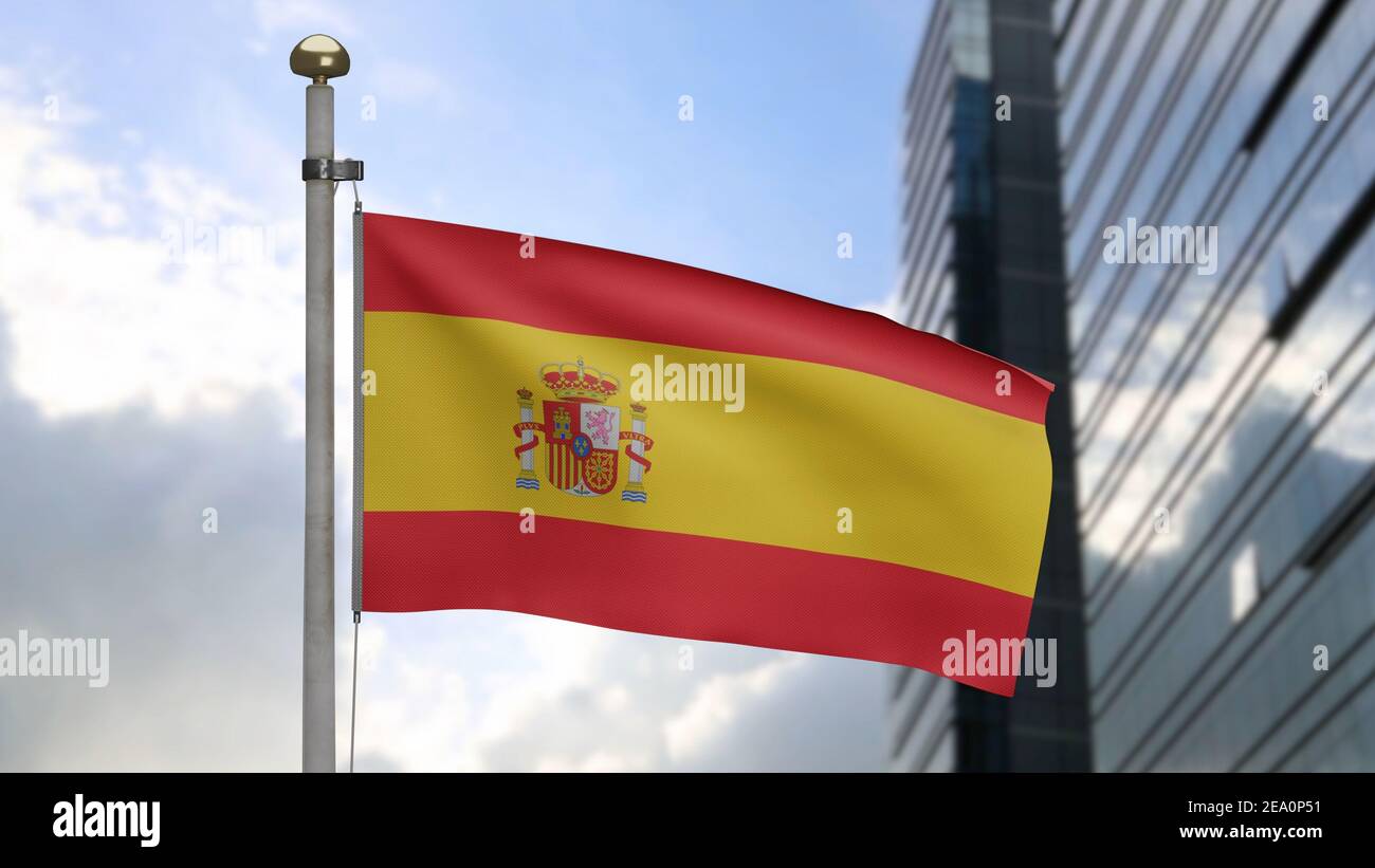 Spanish flag waving in wind with clouds at modern city. Spain banner ...