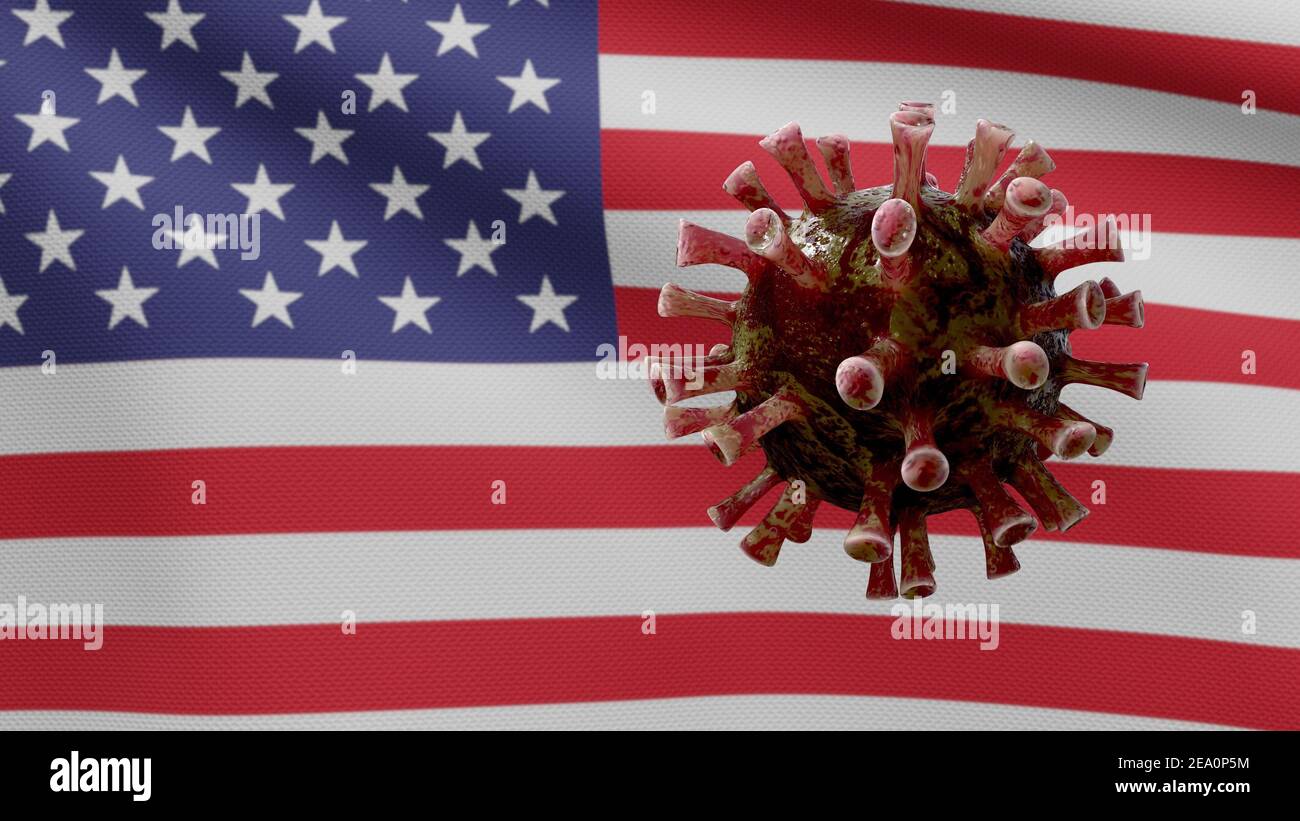 Flu coronavirus floating over American flag, a pathogen that attacks ...