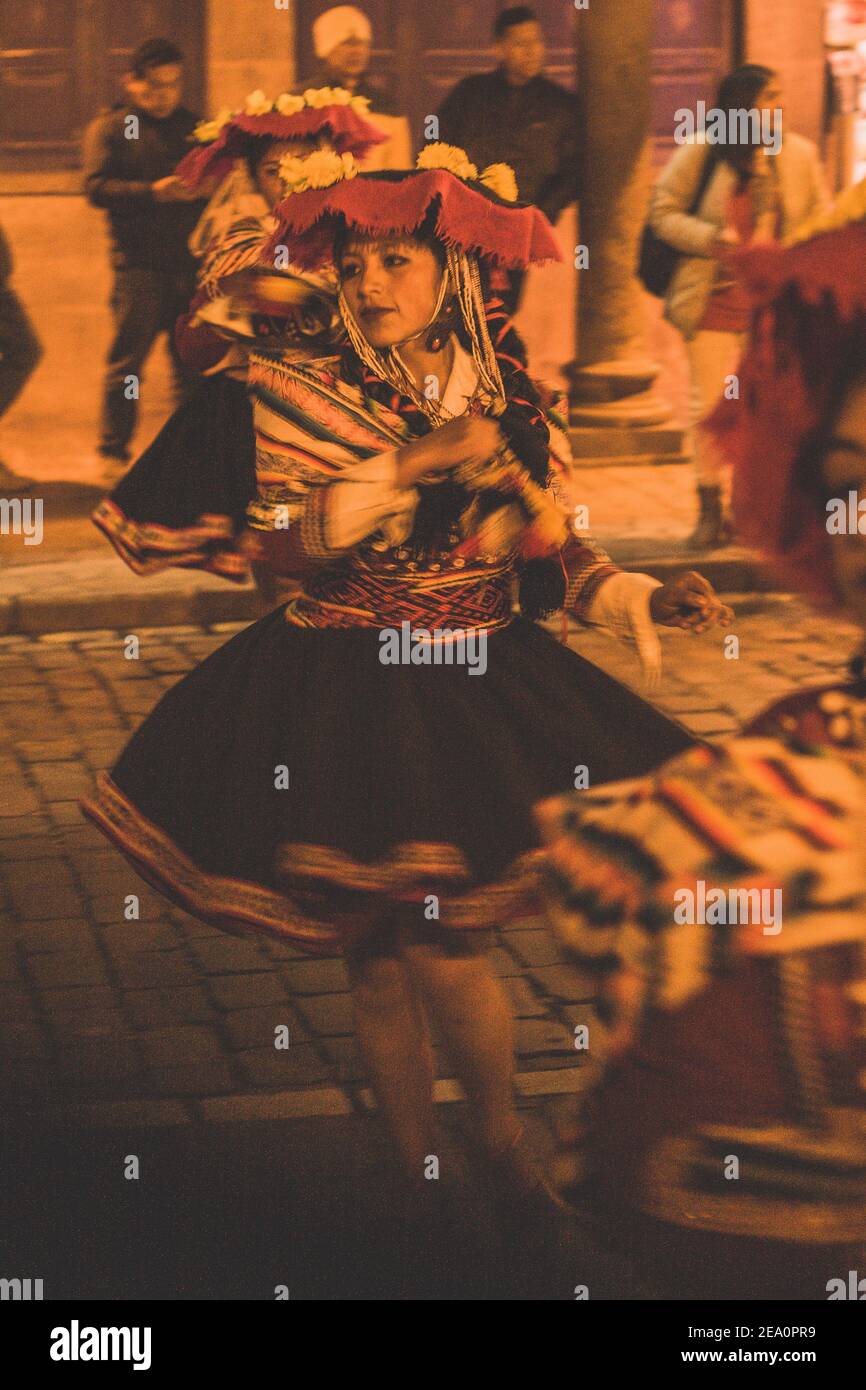 young native peruvian women in traditional clothes while dancing Stock ...