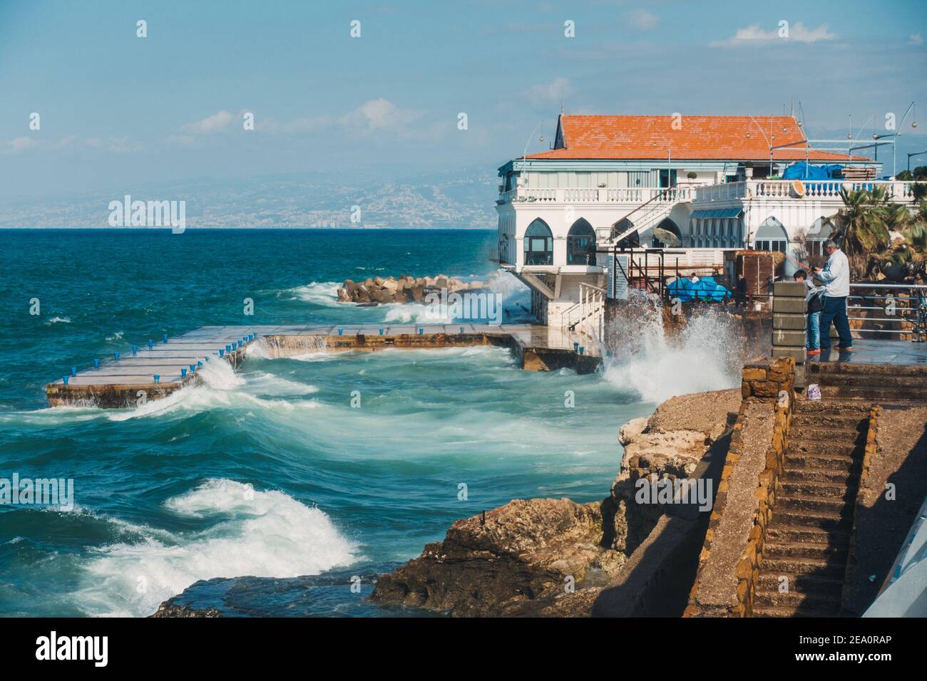Rough seas batter a concrete wharf on the Corniche Beirut, Lebanon ...