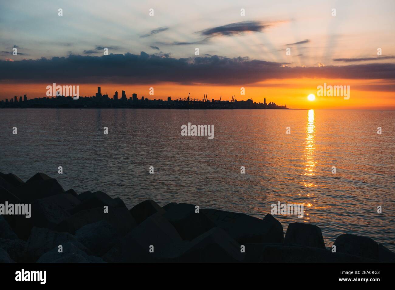 Sunset over the port and city skyline in Beirut, Lebanon Stock Photo ...