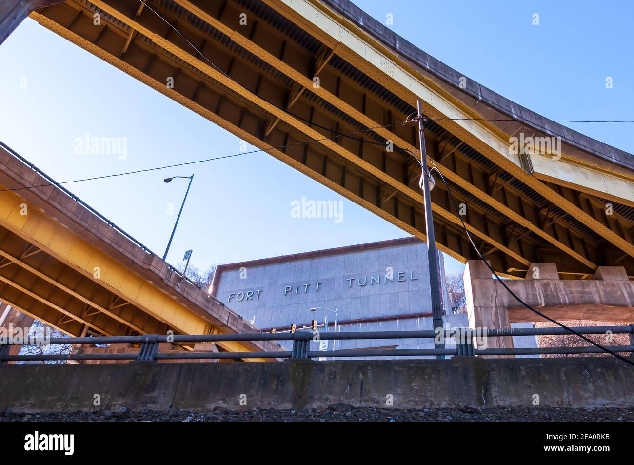 The underside of the Fort Pitt Bridge as it leads into the Fort Pitt ...