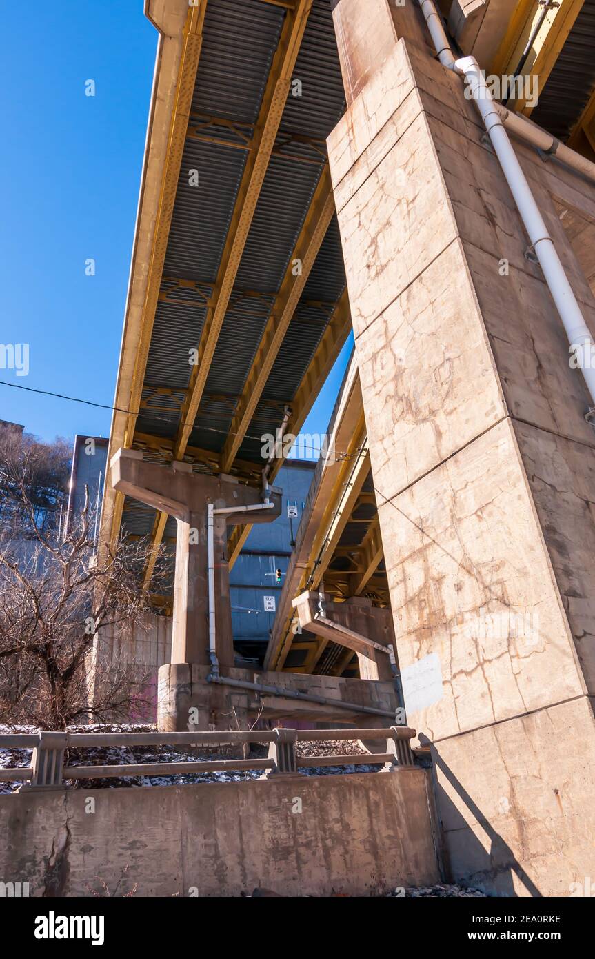 The underside of the Fort Pitt Bridge as it leads into the Fort Pitt ...