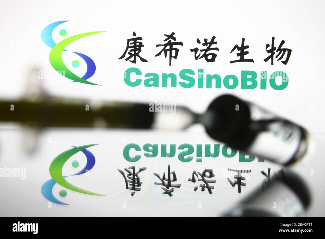 Ukraine. 06th Feb, 2021. In this photo illustration a CanSinoBIO also ...