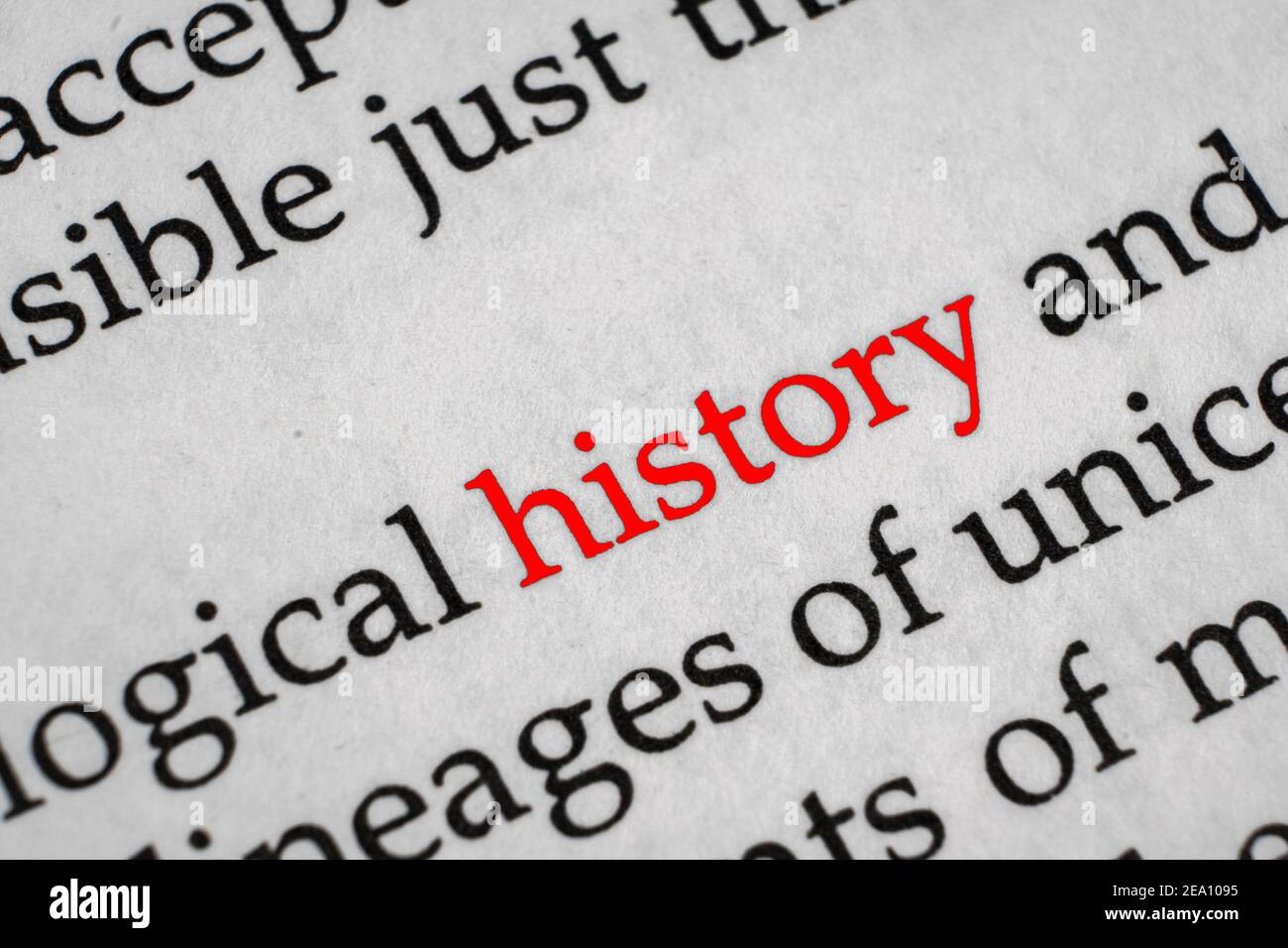 Selective focus on the red word history. Macro shot printed red colour ...