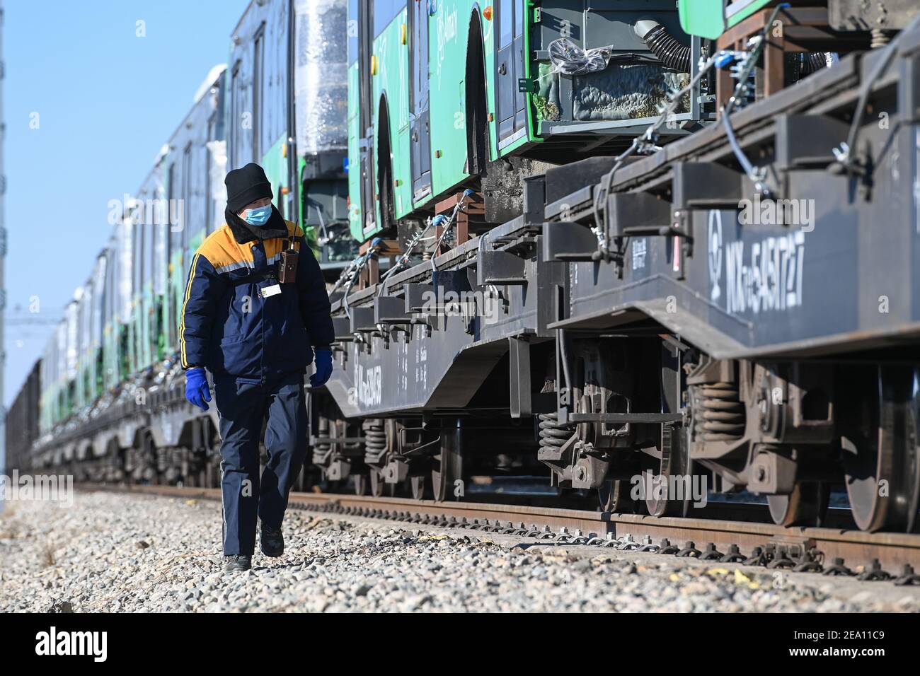 Horgos. 6th Feb, 2021. A staff member checks a China-Europe freight ...