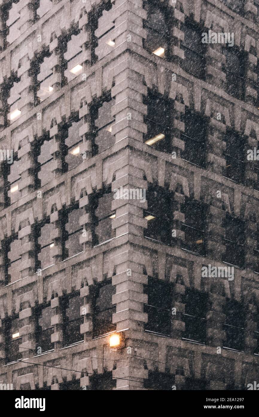 ornate brick building in blizzard Stock Photo - Alamy