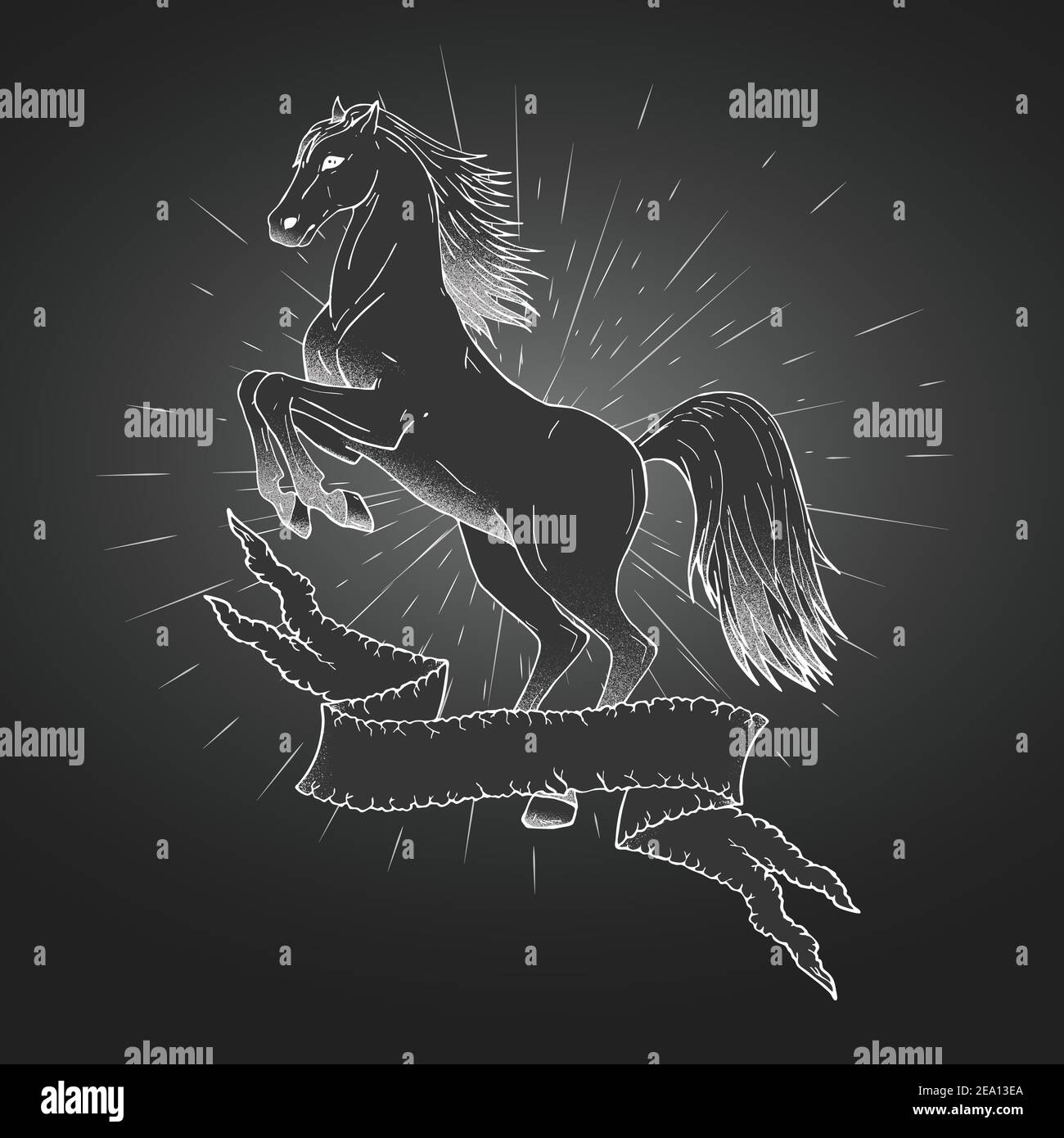 Vector hand drawn illustration with rearing horse, tattered banner and ...