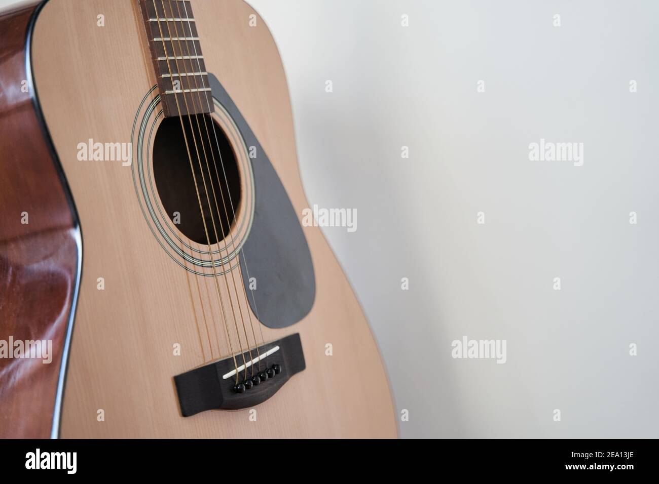 Soundboard of an acoustic guitar close up on a white background Stock ...