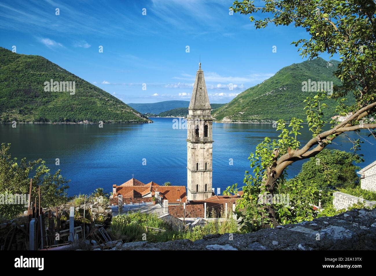 belltower of Perast Village in Kotor Bay, Montenegro Stock Photo - Alamy