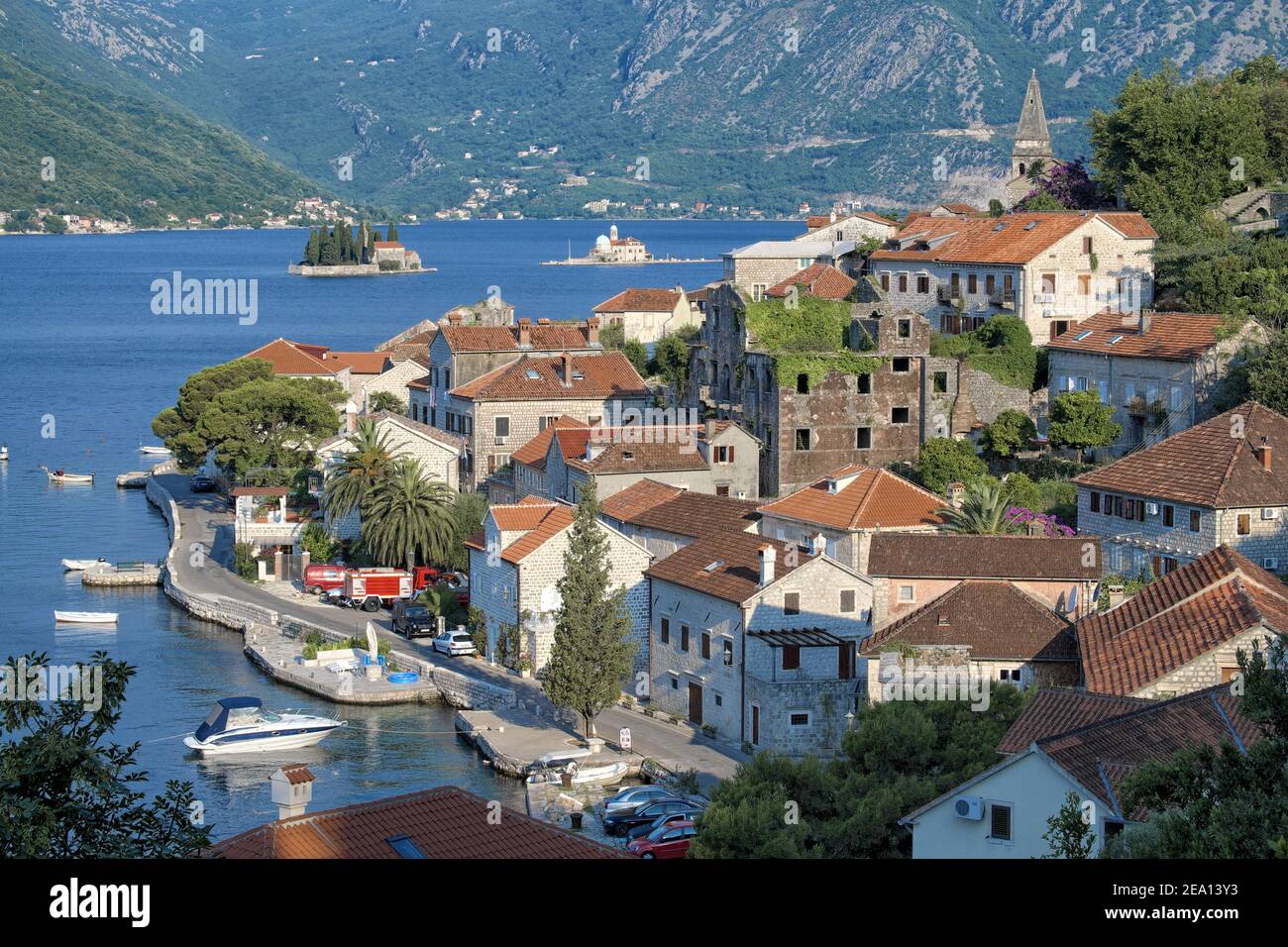 Perast village and small islands of Kotor Bay, Montenegro Stock Photo ...