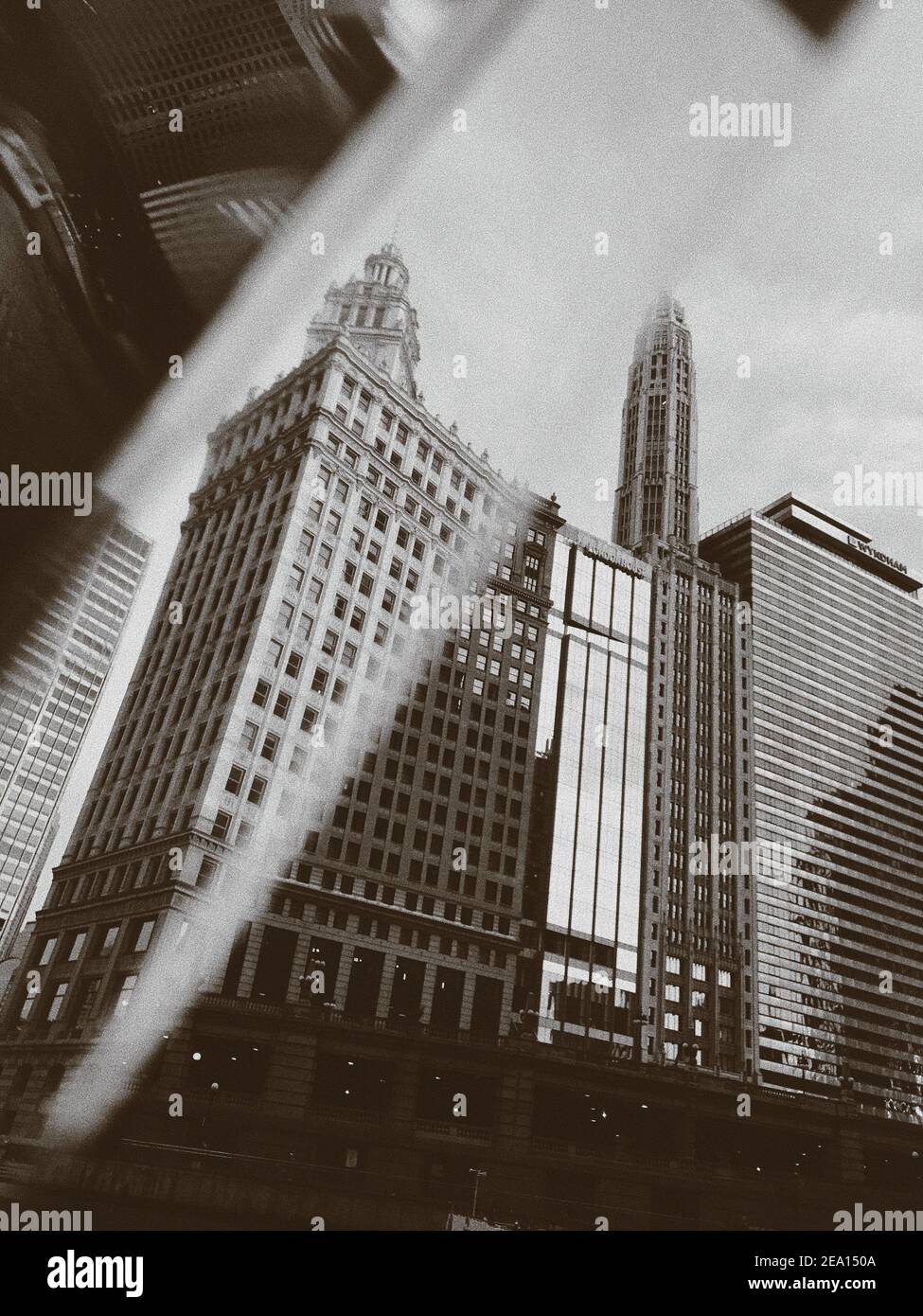 A vertical grayscale shot of modern contemporary high-rise buildings in ...