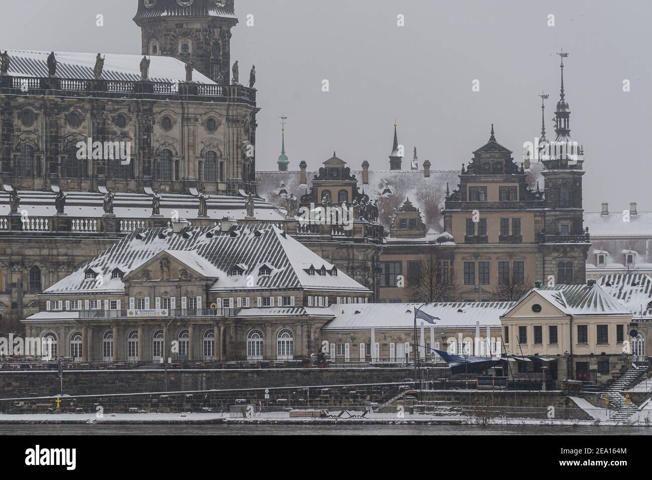 Dresden, Germany. 07th Feb, 2021. Snow-covered are the roofs of the ...